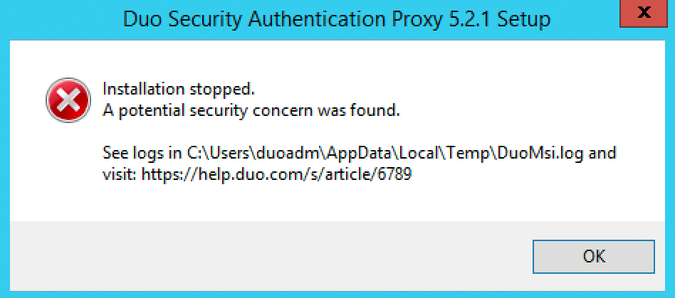 Why did the Duo Authentication Proxy Windows installer exit with the error “Installation stopped”?