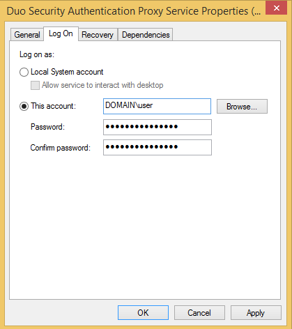 What permissions does the Windows service account need to run the Duo Authentication Proxy?