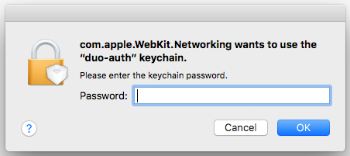 How do I resolve a macOS message stating a browser "wants to use the duo-auth keychain" after ...