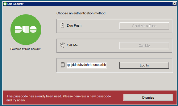How do I resolve the Duo error "This passcode has already been used ...