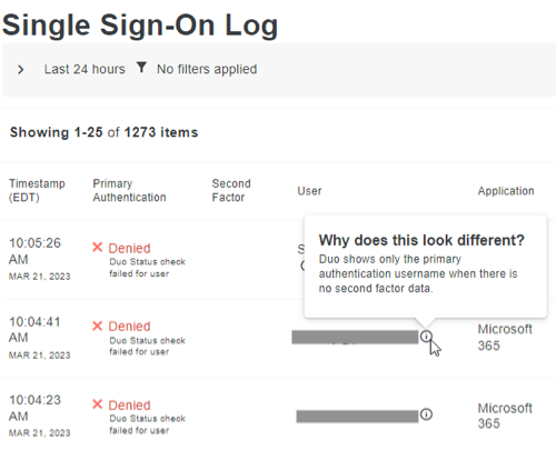Why do I see an enrolled and active user's Primary Authentication status as "Denied: Duo Status ...